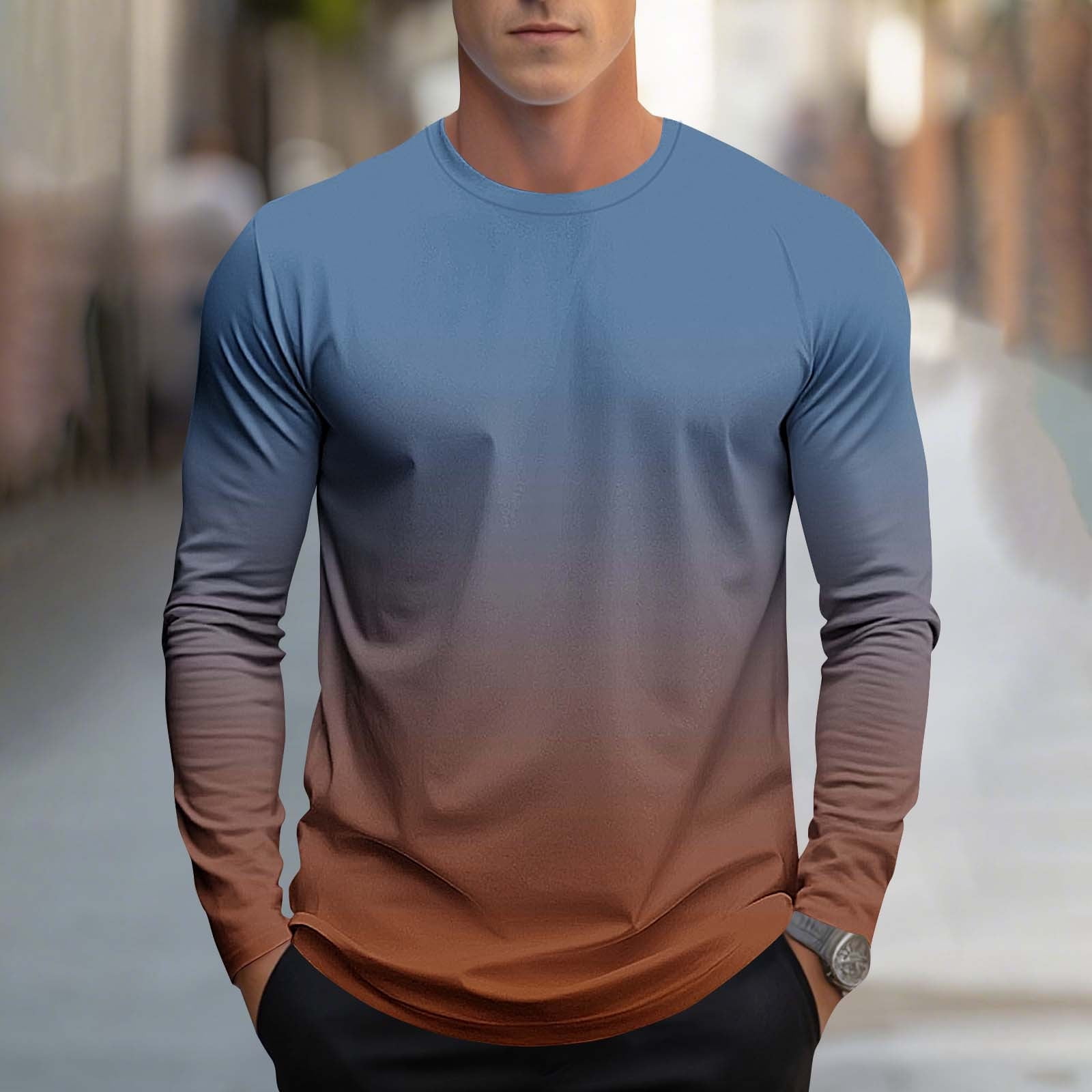 Dolkfu Mens Tee Shirt Ombre Crew Neck Long Sleeve Fitness Graphic Tees ...