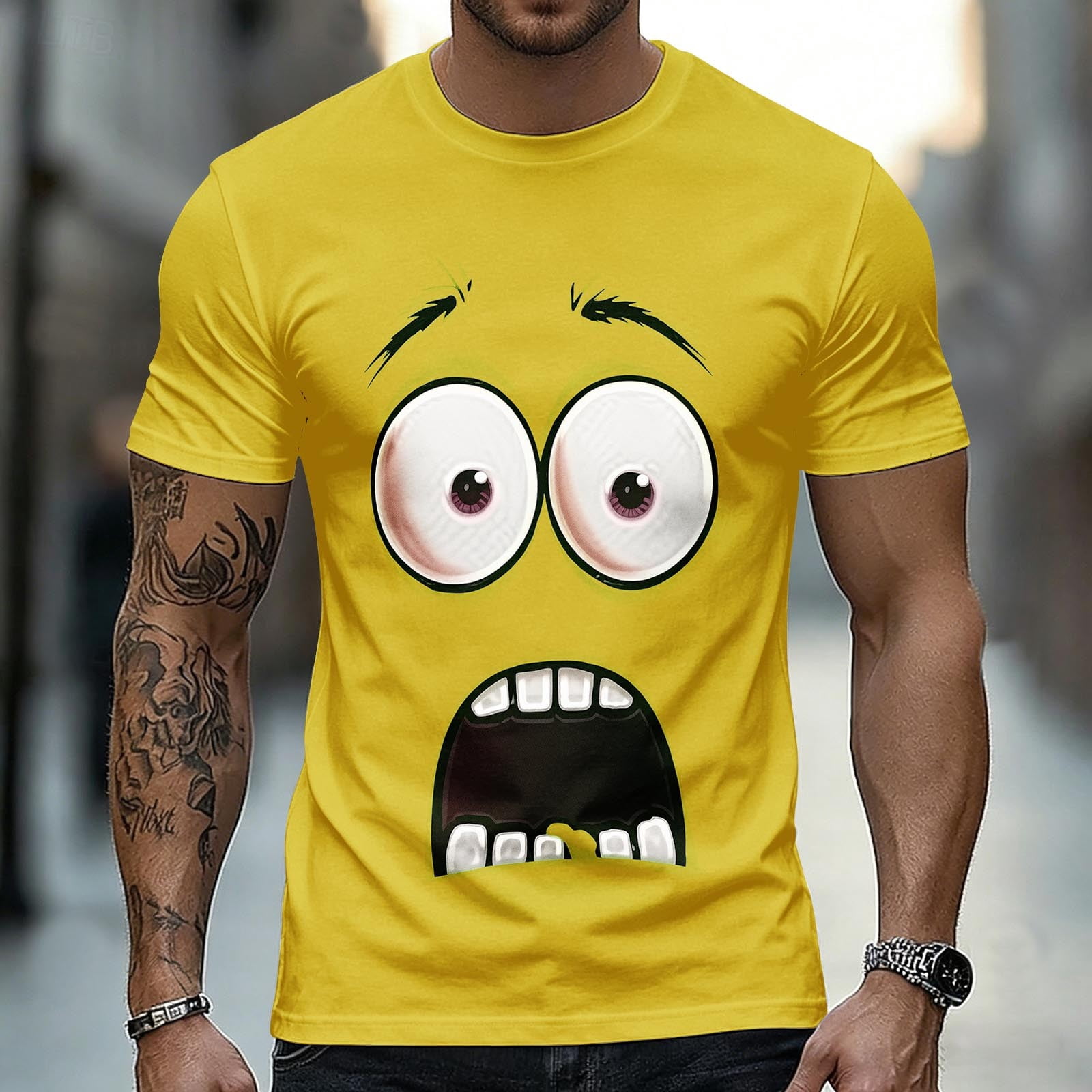 Dolkfu Novelty Cartoon Graphic Tees Men Yellow Short Sleeve Pull-On ...
