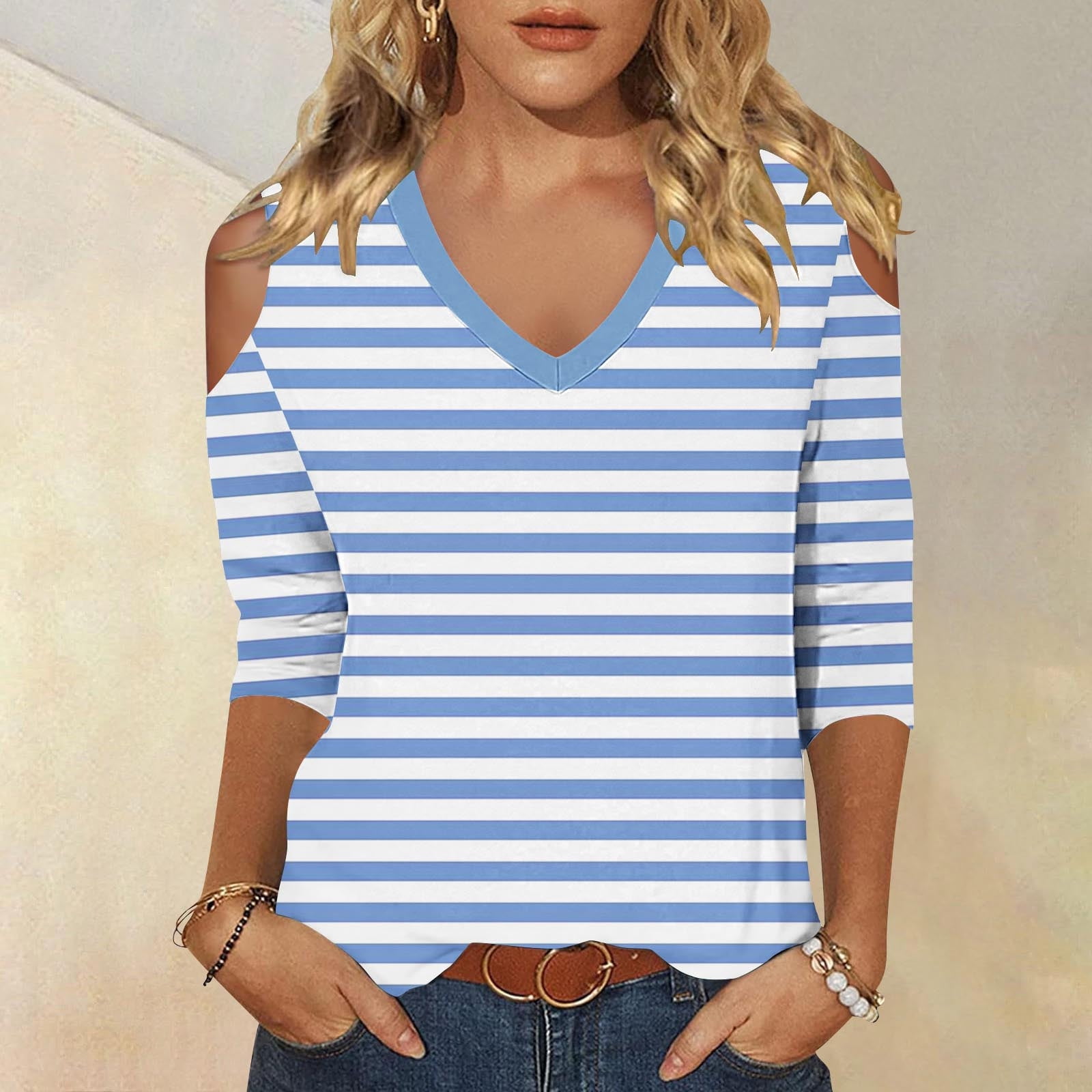 Dolkfu Off Shoulder T Shirts for Women Blue V Neck 3/4 Sleeve Soft ...