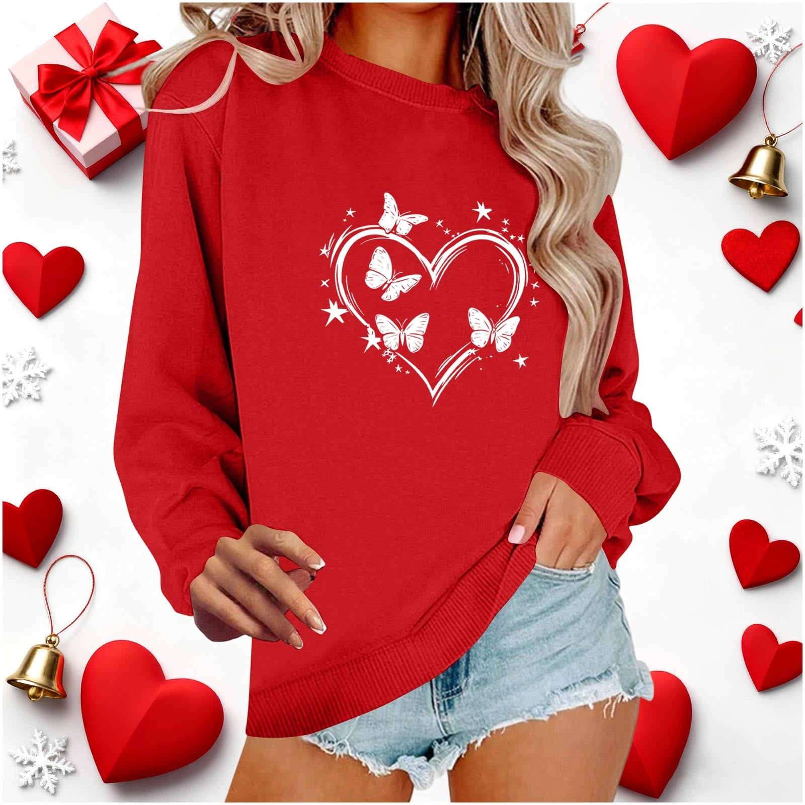 Dolkfu Oversized Women's Shirts Heart Print Valentine's Day Red ...