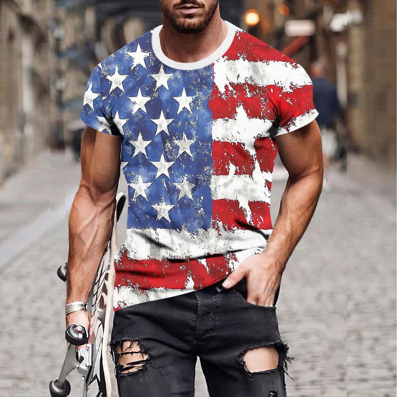 Dolkfu Pull-On Men'S Shirts Independence Day Crew Neck Blue Short ...