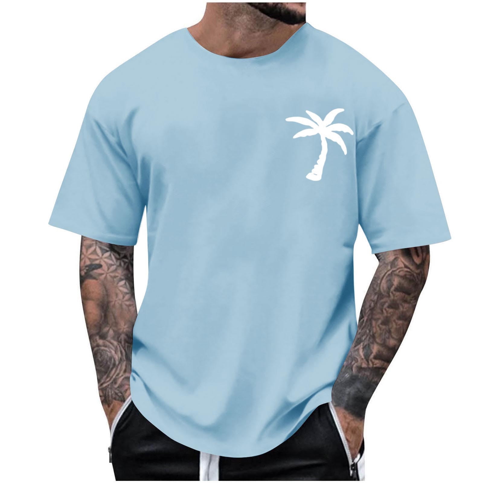 Dolkfu Pull-On Oversized Tshirts for Men Hawaiian Style Blue Crew Neck ...