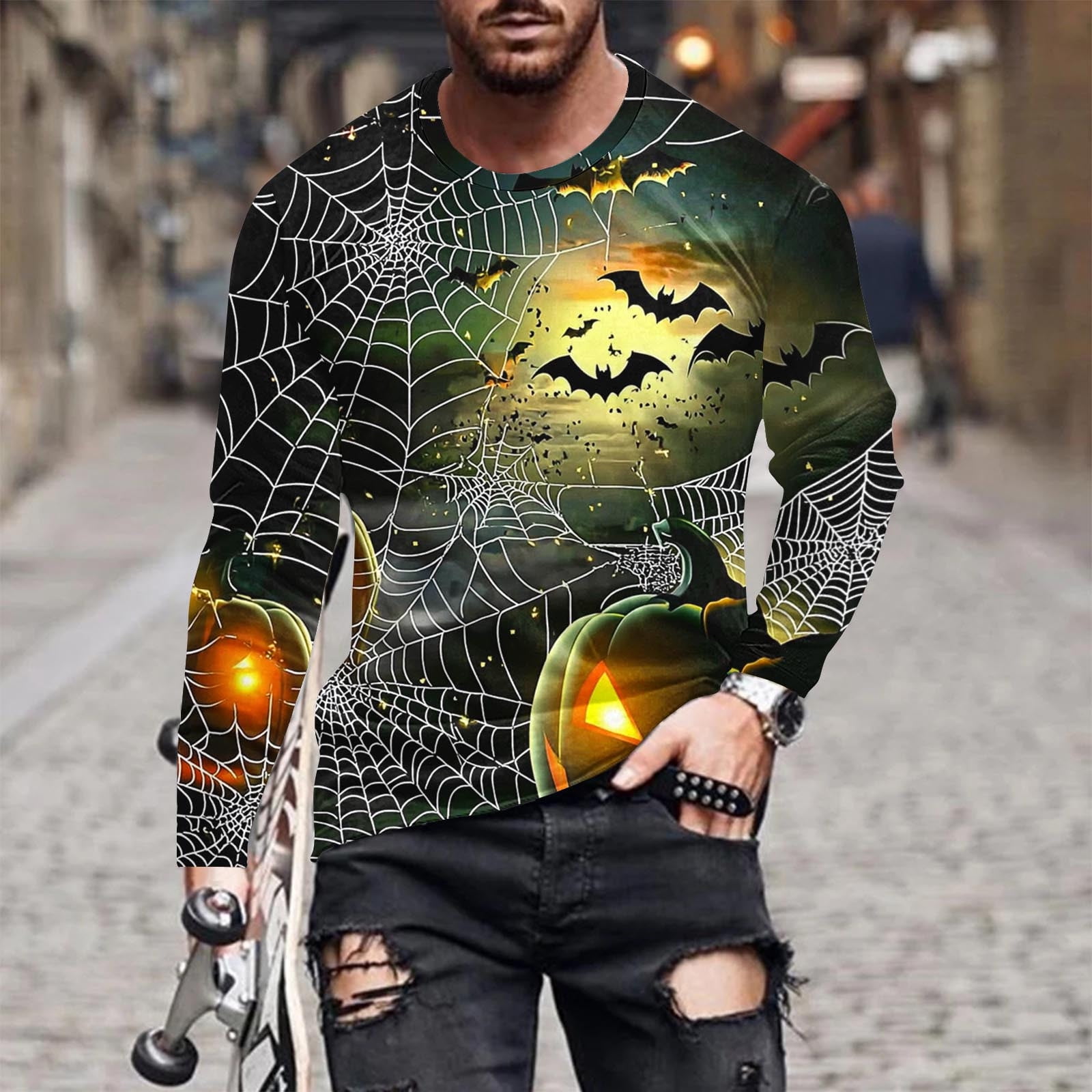 Dolkfu Pullover Tee Shirts Men Pumpkin Novelty Tees Long Sleeve Crew ...