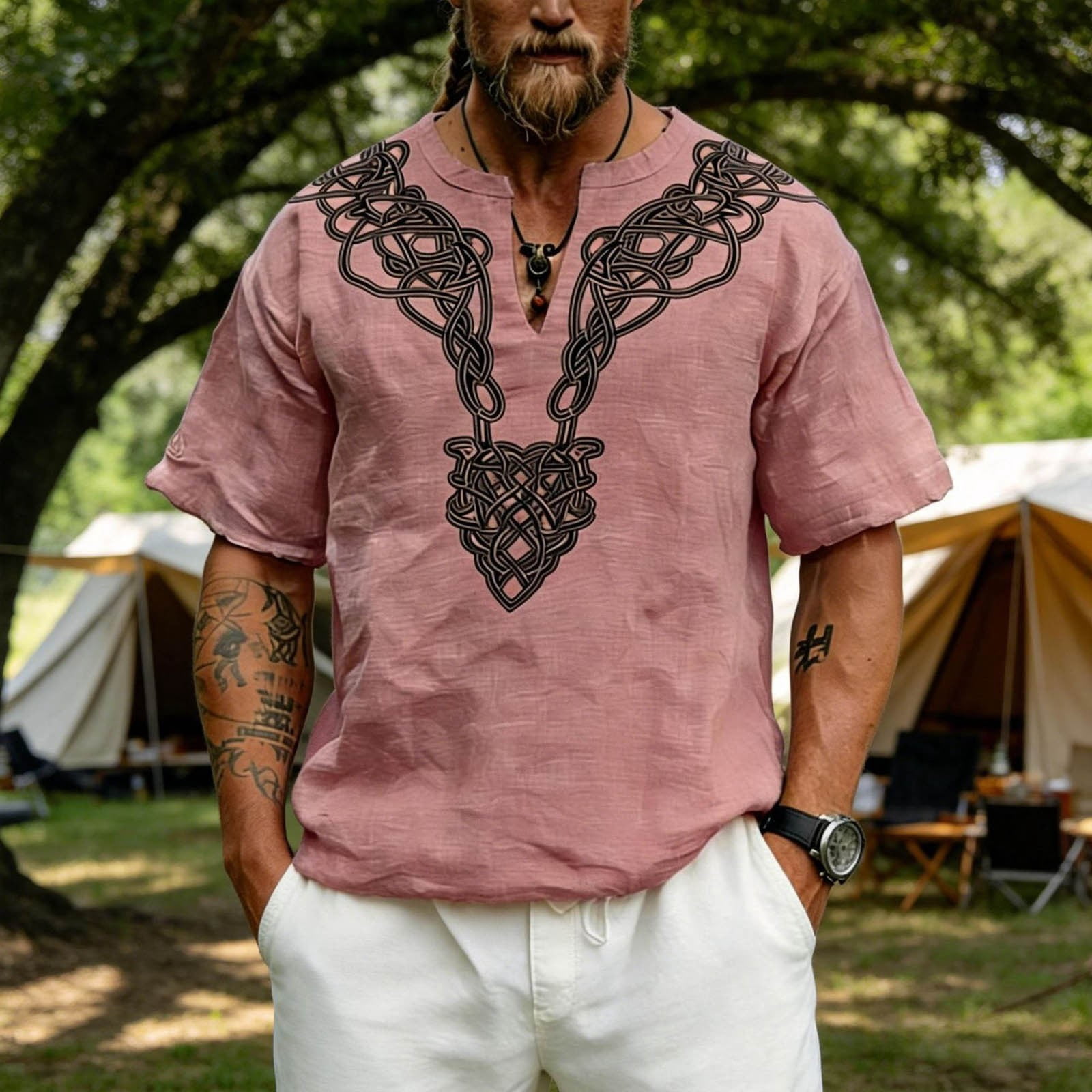 Dolkfu Retro Vintage Oversized Tshirts for Men V-Neck Pink Short Sleeve ...