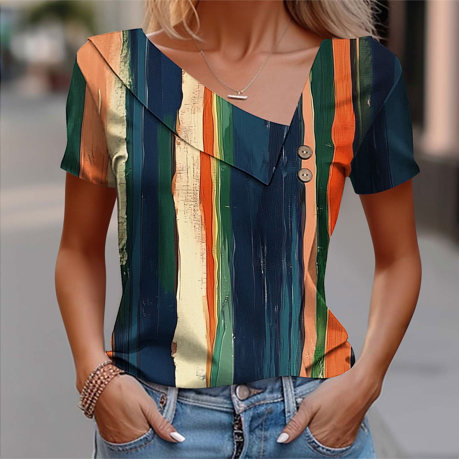 Dolkfu Retro Vintage Women Clothing Short Sleeve V-Neck Blue Striped ...
