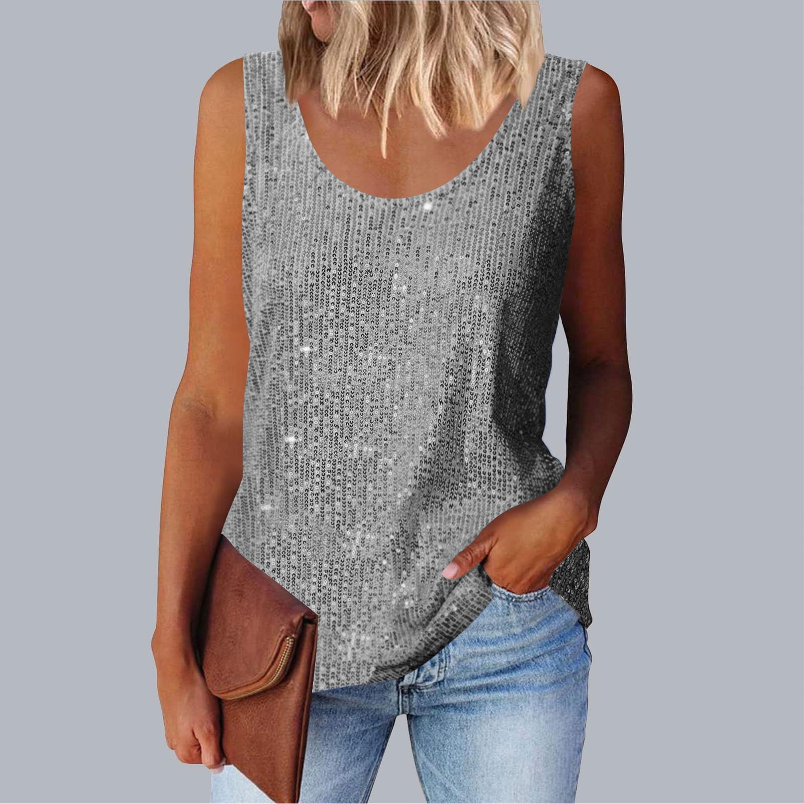 Dolkfu Scoop Neck Fancy Tops for Women Sequin Shiny Loose Fit Tank Tops ...