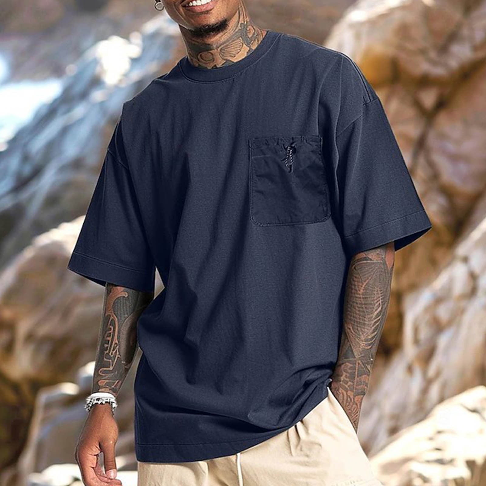 Dolkfu Shirts Casual Mens Short Sleeve Cotton Solid Soft Pocket T Shirt ...