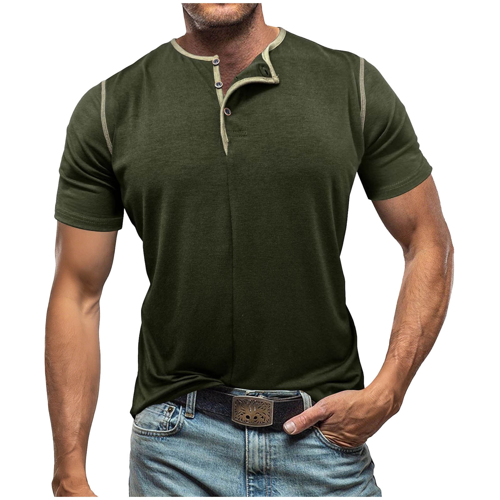 Dolkfu Shirts Men Henley Short Sleeve Button Green Pullover Tees Color ...