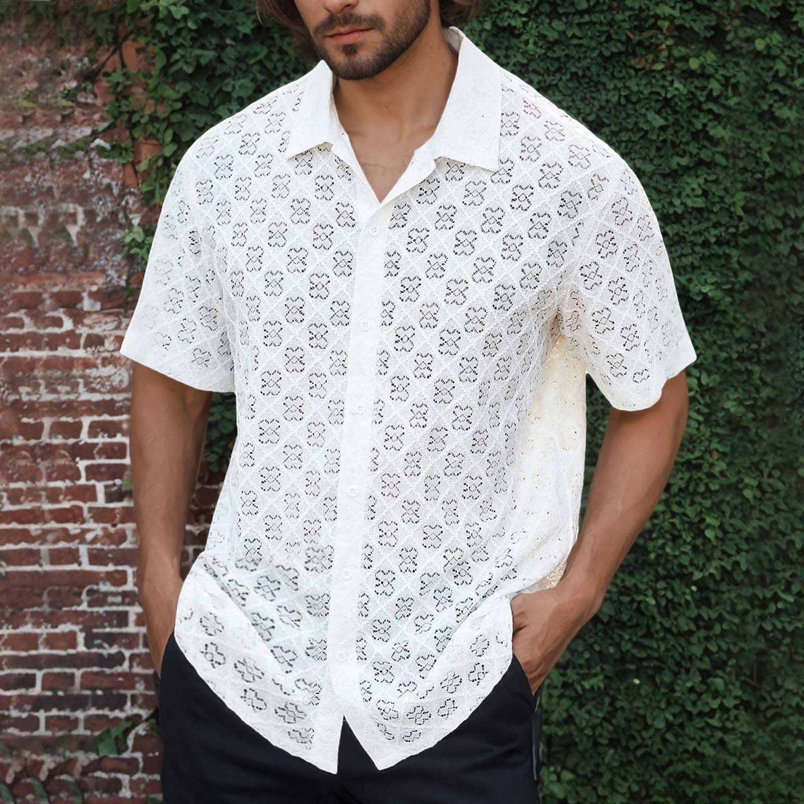Dolkfu Short Sleeve Mens Tee Shirts Hollow Out See Through Solid Lace ...