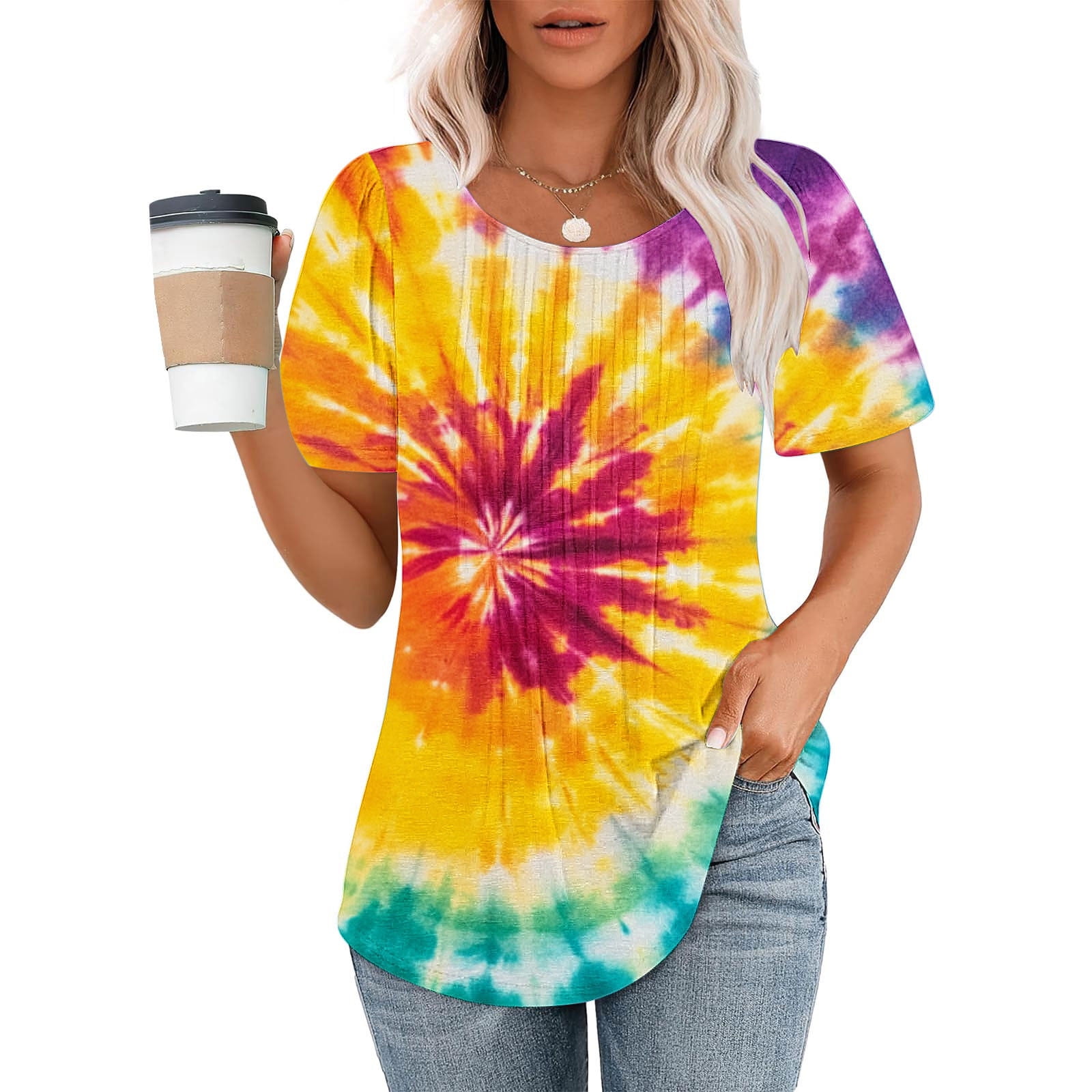 Dolkfu Short Sleeve Tunic Tops for Women Plus Size Hyper Color Tie-Dye ...