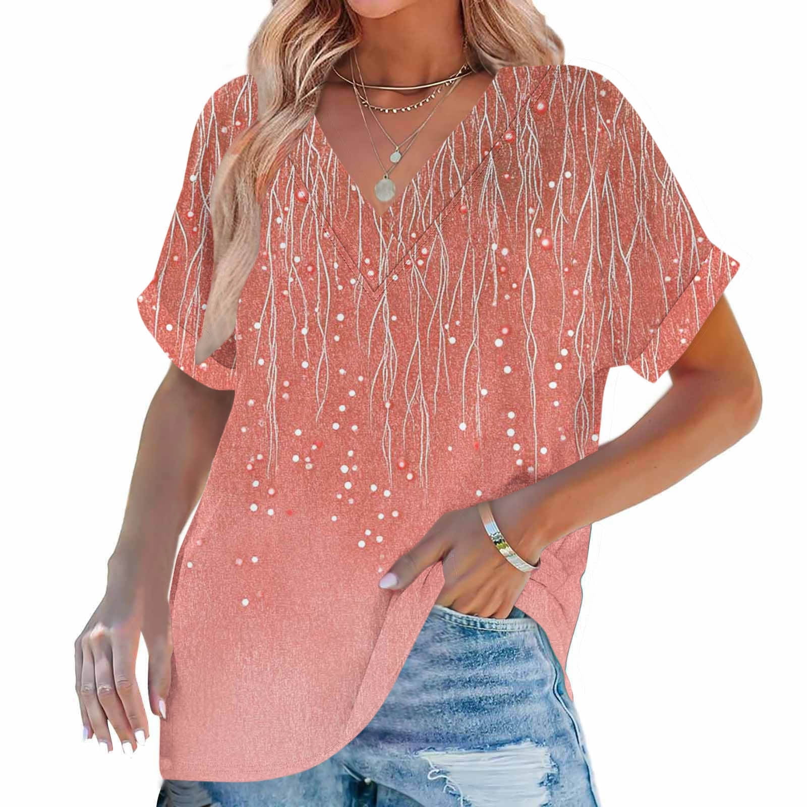 Dolkfu Short Sleeve Womans Tops V Neck Pink Floral Funny Relaxed Fit ...