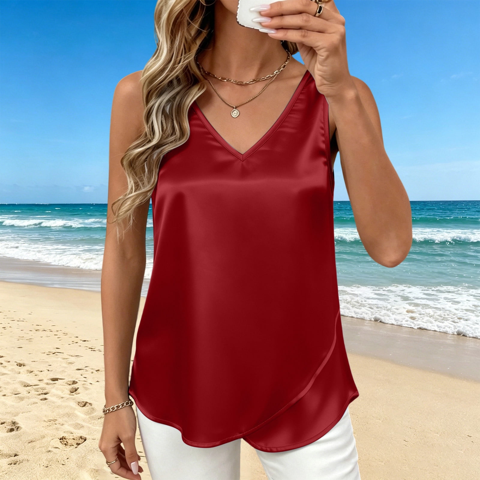Dolkfu Sleeveless Women'S Summer Tops V-Neck Pull-on Refreshing Red ...