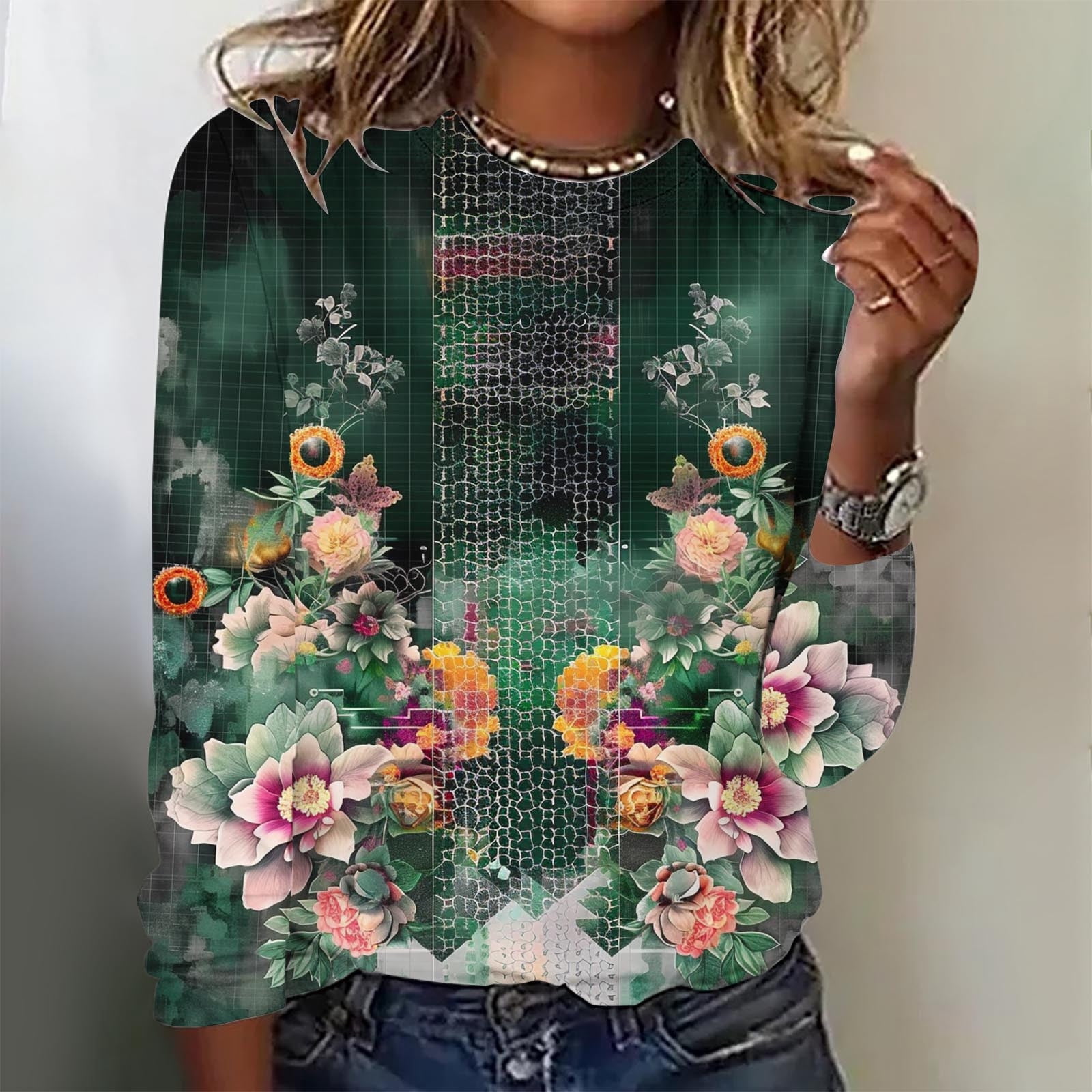 Dolkfu Spring Tops for Women 2025 Green Crew Neck Long Sleeve Loose Fit ...