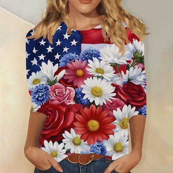 Dolkfu Summer Tops for Women 2026 Multicolor Independence Day Crew Neck ...