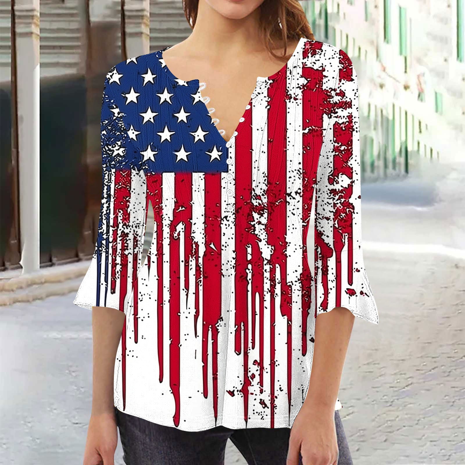 Dolkfu Summer Tops for Women 2026 White Elbow-Length Independence Day V ...