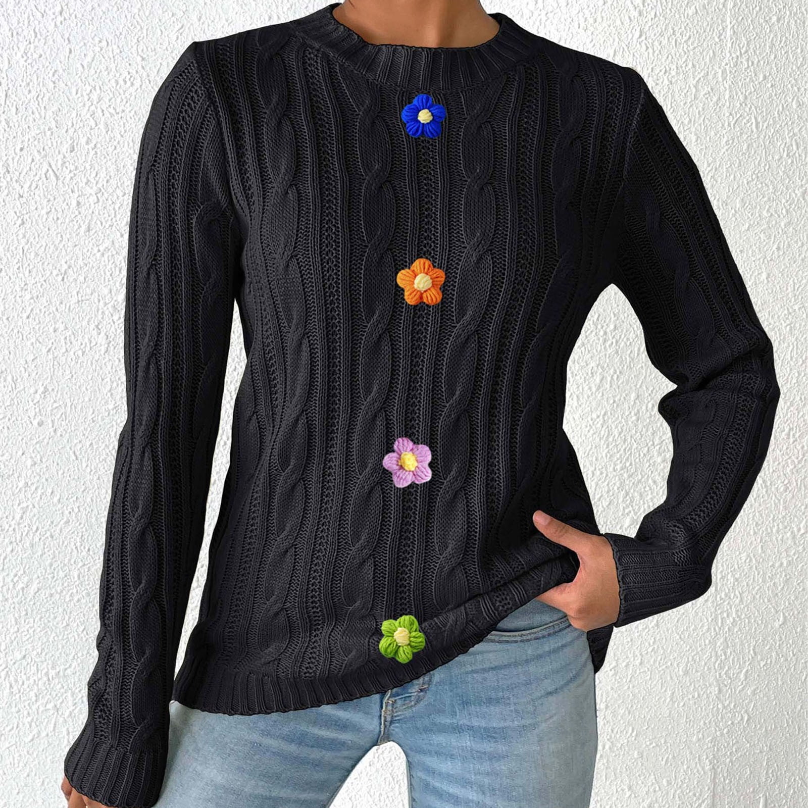 Dolkfu Sweaters for Women Trendy Black Pullover Crew Neck Loose Solid ...