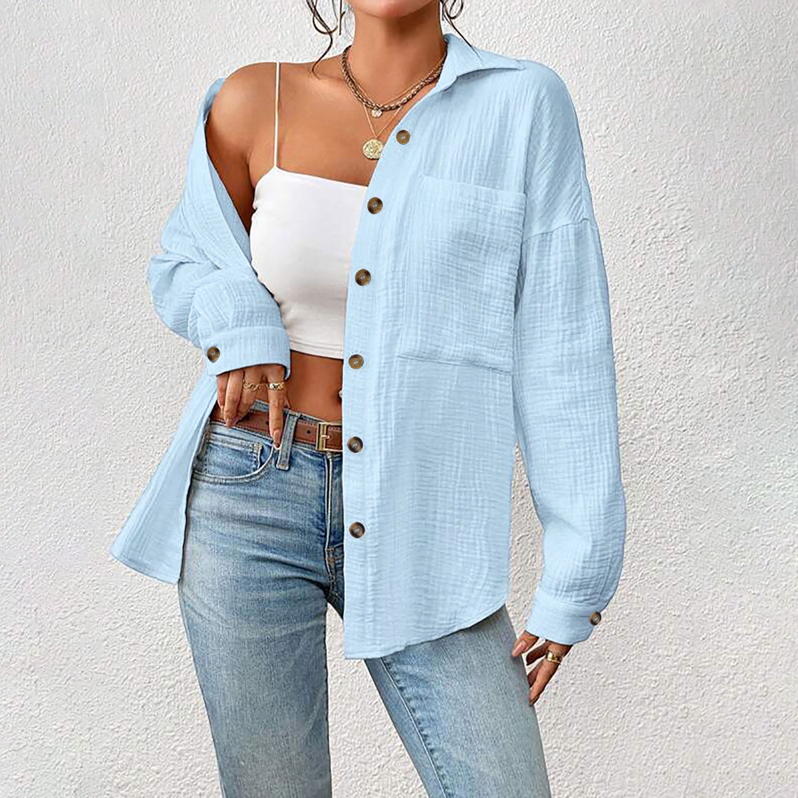 Dolkfu T-Shirts for Women Blue Long Sleeve Collared Solid Color Cozy ...