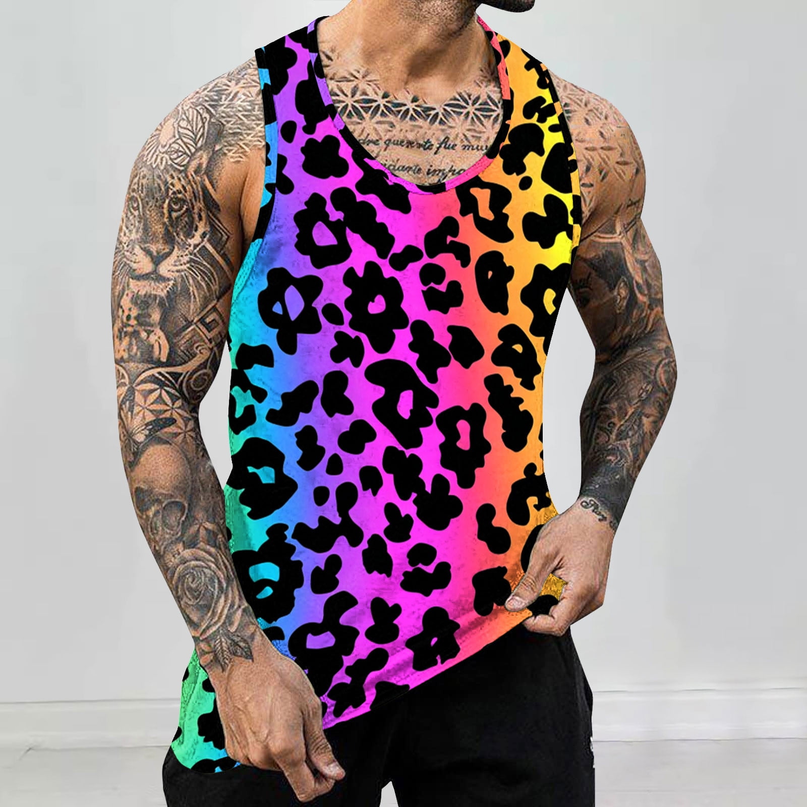 Dolkfu Tank Tops for Men Exercise Workout Color Contrast Leopard ...