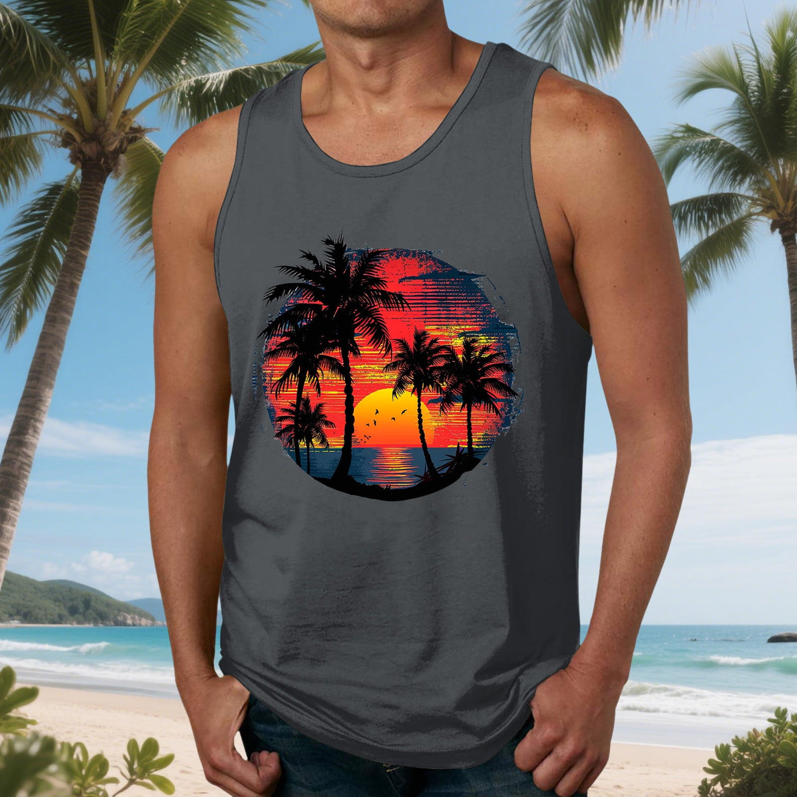Dolkfu Tech Muscle Shirts for Men Sleeveless Hawaiian Print Tank Tops ...
