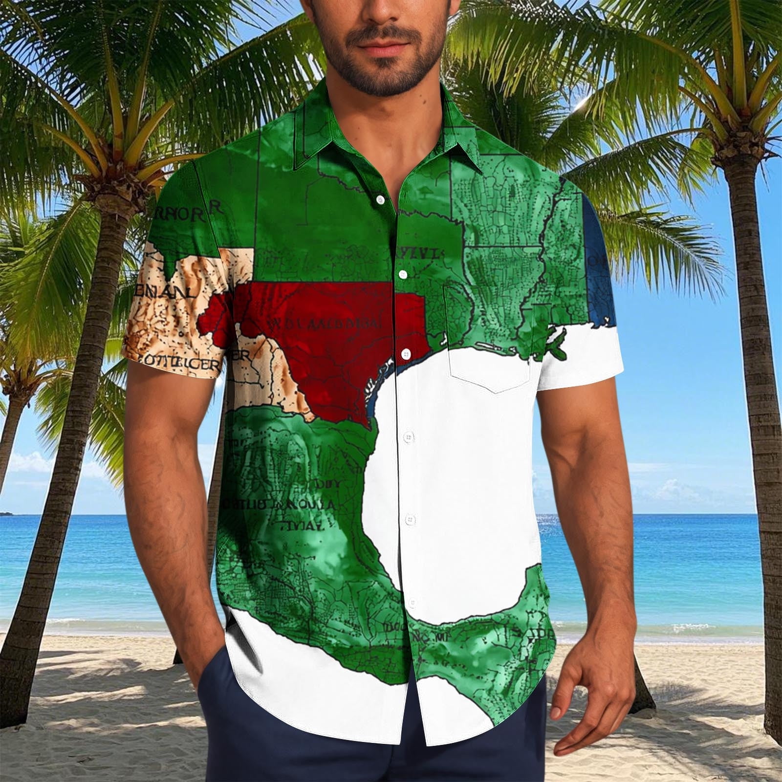 Dolkfu Tee Shirts Men's Short Sleeve Pocket Soft Map Printed Button ...