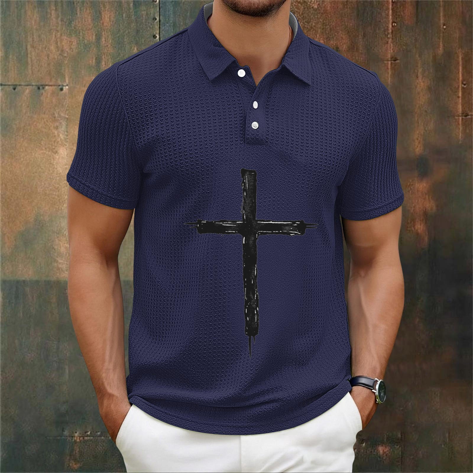 Dolkfu The Cross Polos for Men Button Short Sleeve Collared Blue Tops ...