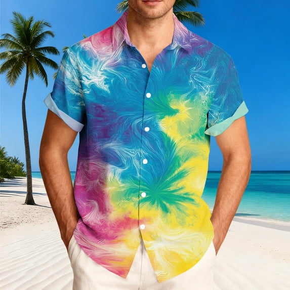 Dolkfu Tie-Dye True Classic Tees Men Short Sleeve Blue Collared Button ...