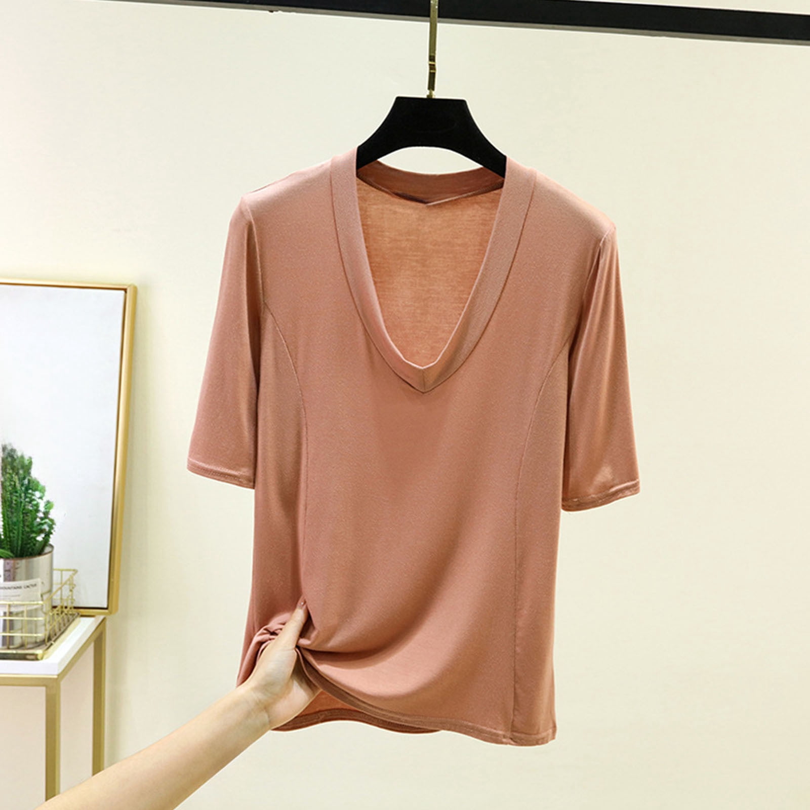 Dolkfu Tops for Women Trendy V-Neck Elbow-Length Yellow Tops Solid ...