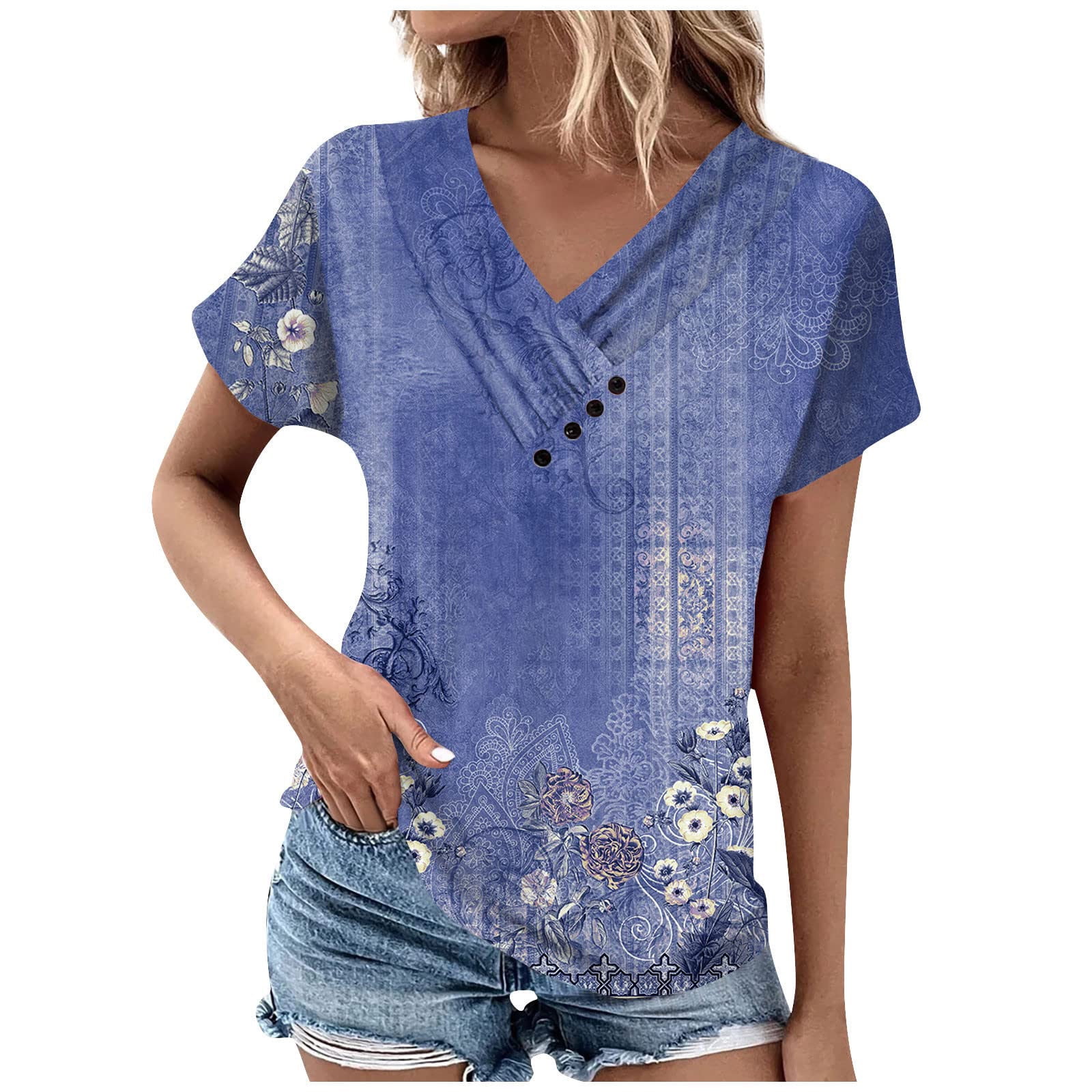 Dolkfu Tops for Women Trendy V-Neck Purple Short Sleeve Tops Stylish ...