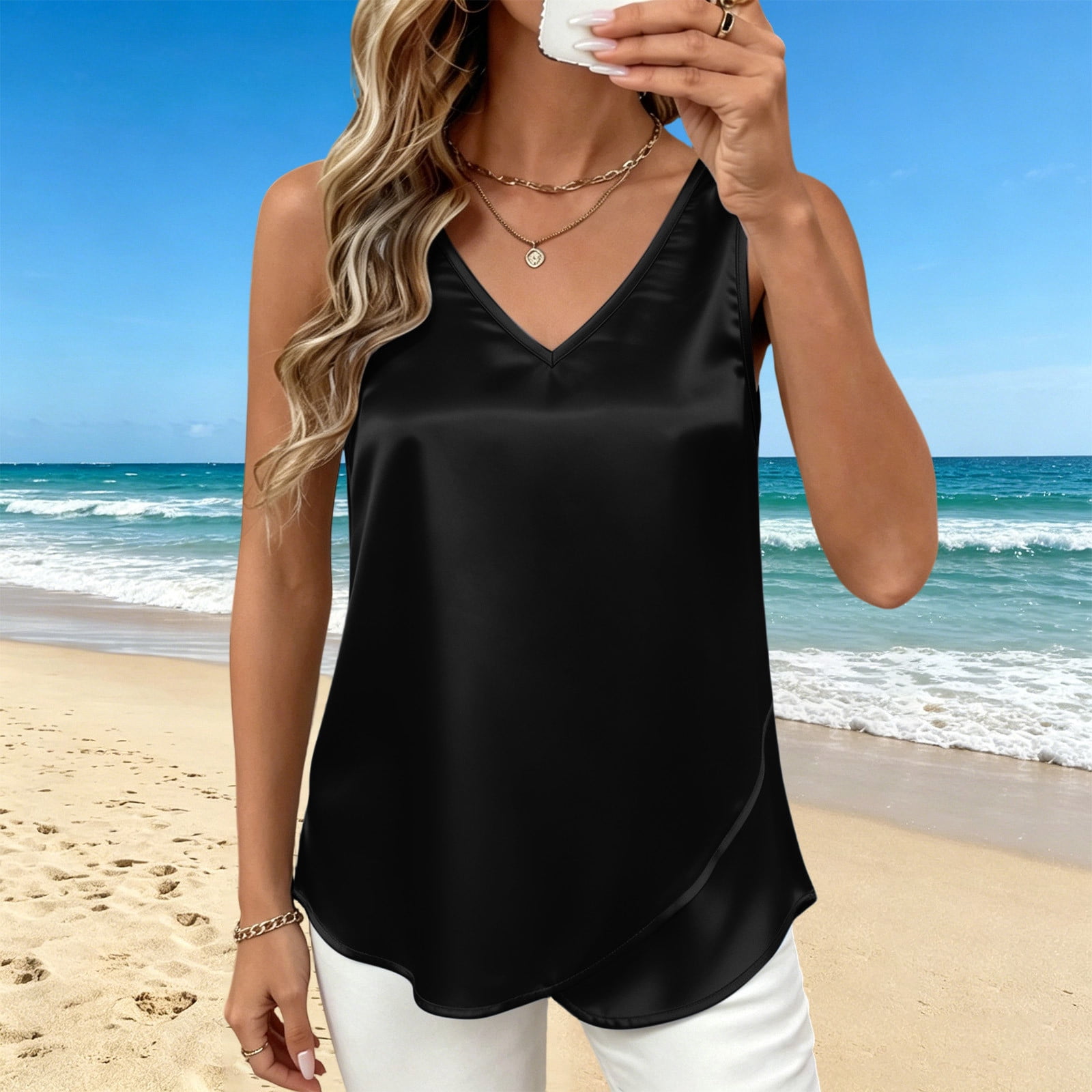 Dolkfu V-Neck Going Out Tops Black Refreshing Pull-on Sleeveless ...