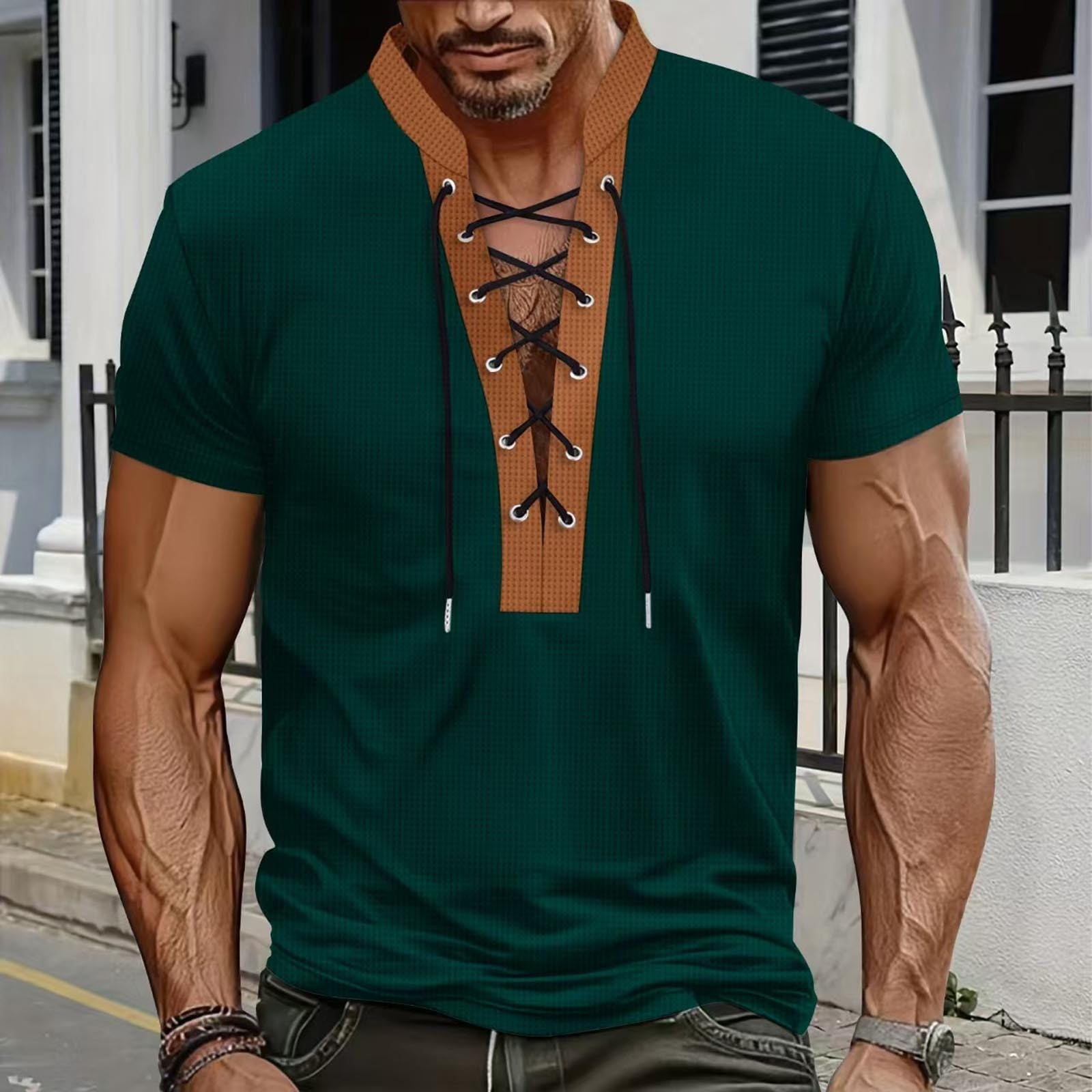 Dolkfu V Neck Mens Shirts Lace-up Short Sleeve Band Collar Color Block ...