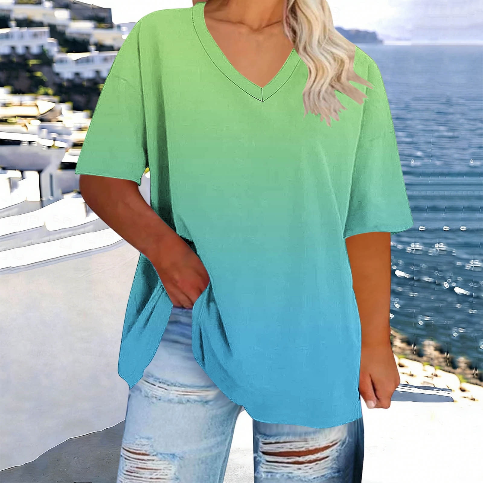 Dolkfu V-Neck Oversized Graphic Tshirts for Women Blue Short Sleeve ...