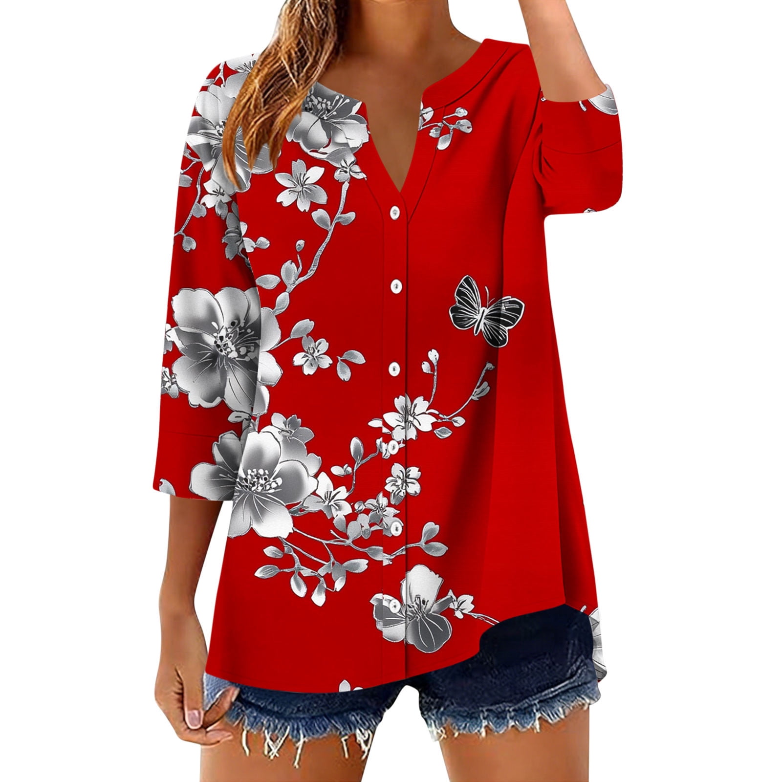 Dolkfu V-Neck Women'S Blouses 3/4 Sleeve Button Red Retro Vintage Tops ...