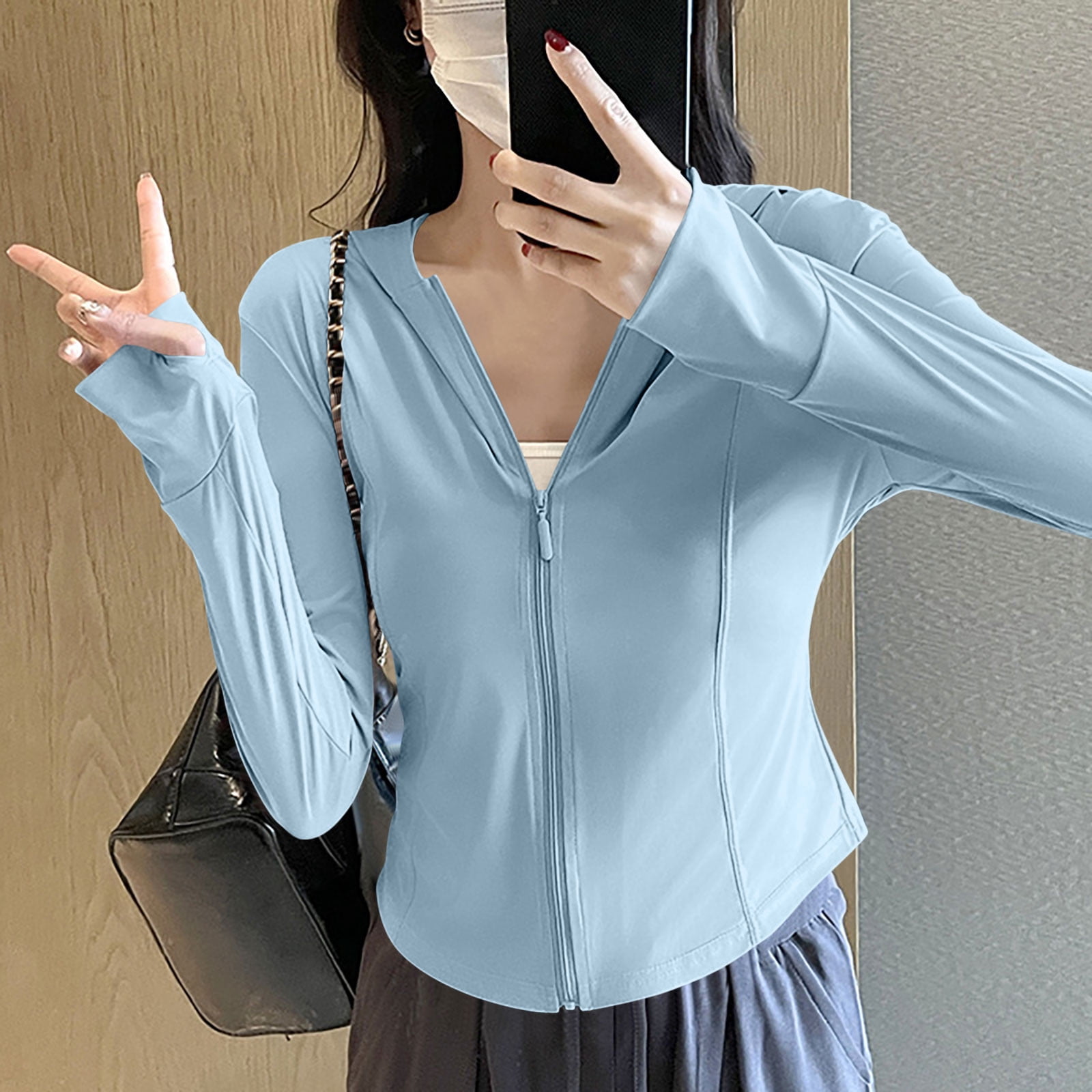 Dolkfu V-Neck Women'S Tops, Tees & Blouses Blue Full Zip Long Sleeve ...