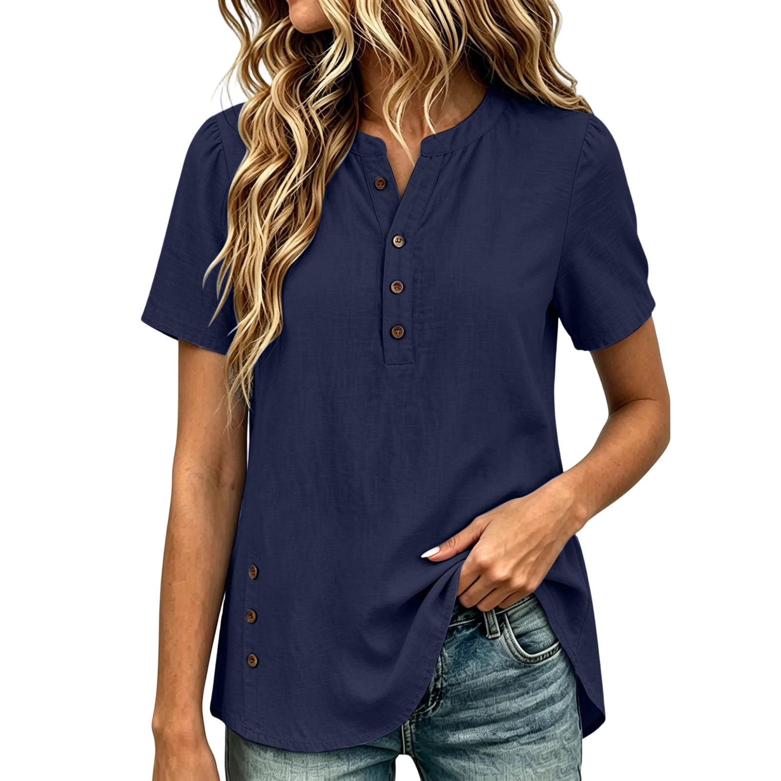Dolkfu V-Neck Women'S Tops, Tees & Blouses Minimalist Blue Short Sleeve ...