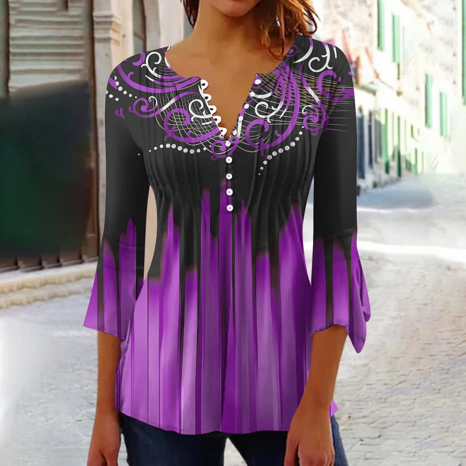 Dolkfu V Neck Women's Tunic Tops Purple 3/4 Sleeve Holiday Classic Fit ...