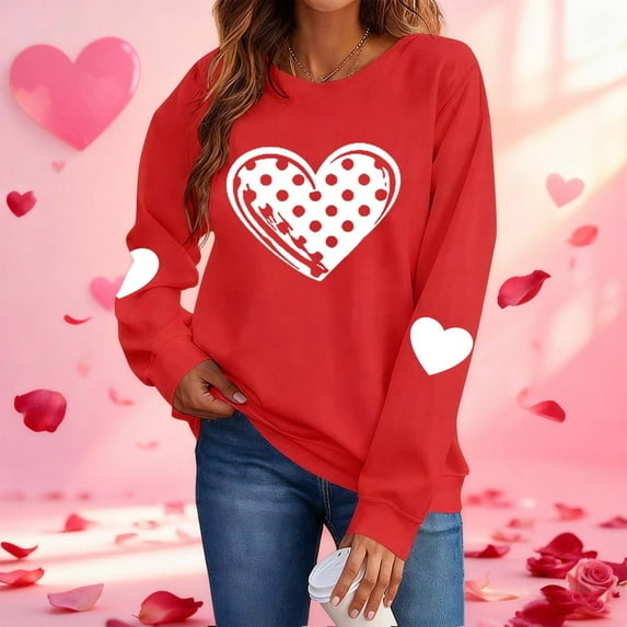 Dolkfu Valentine's Day Woman Shirts Red Heart Print Sweatshirt Loose ...