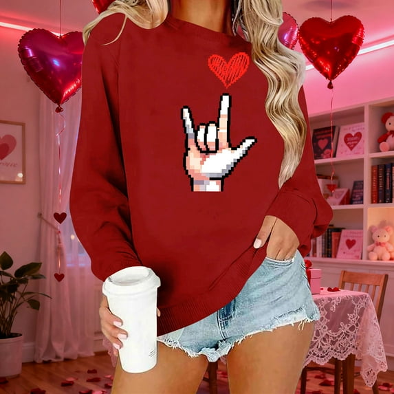Dolkfu Valentines Women's Sweatshirts Heart Print Cute Red Graphic Tees ...