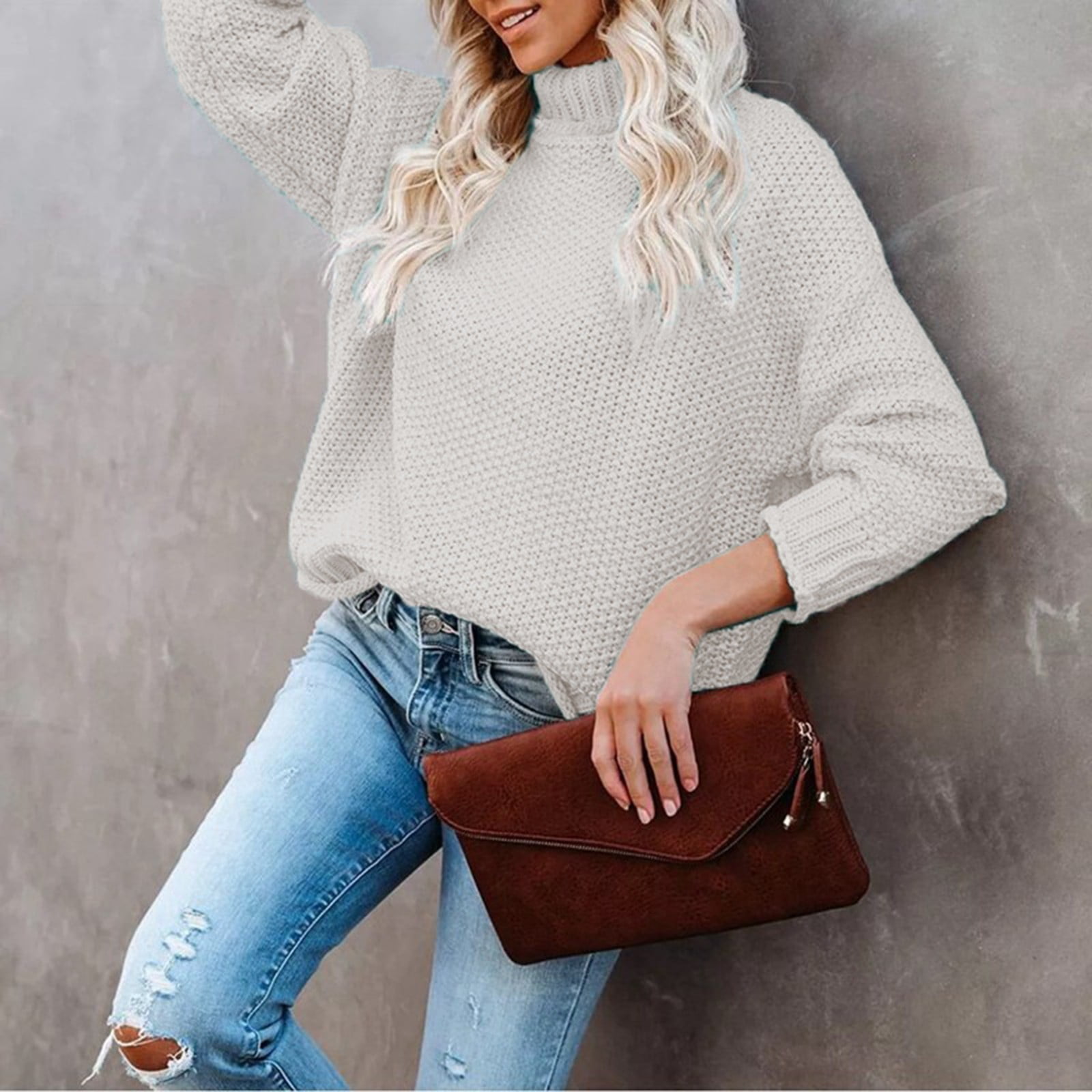 Dolkfu White Women Winter Sweaters Turtleneck Slouchy Pullover Sweater ...
