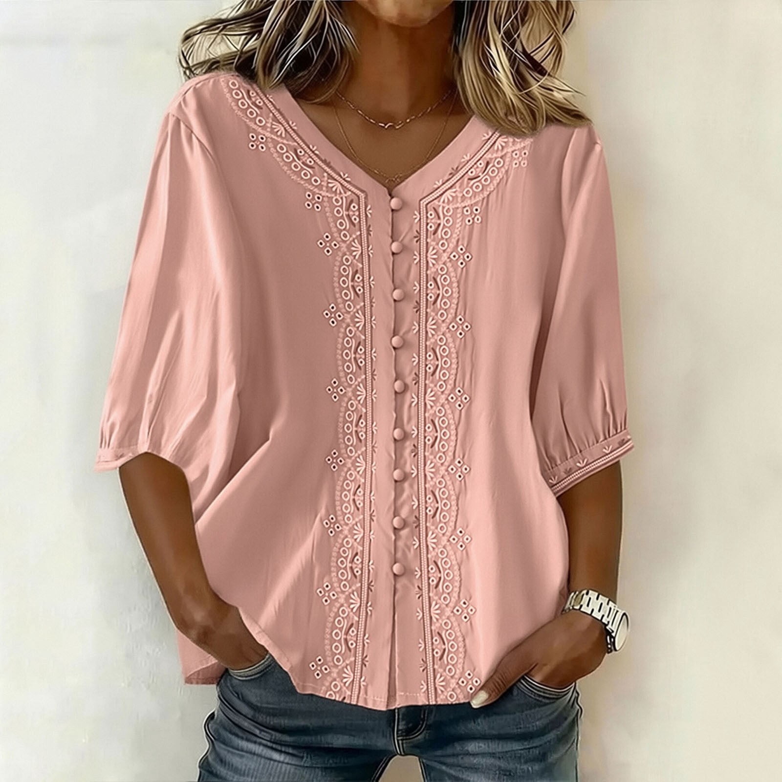 Dolkfu Women'S Summer Tops V-Neck Pink Elbow-Length Boho Embroidered ...