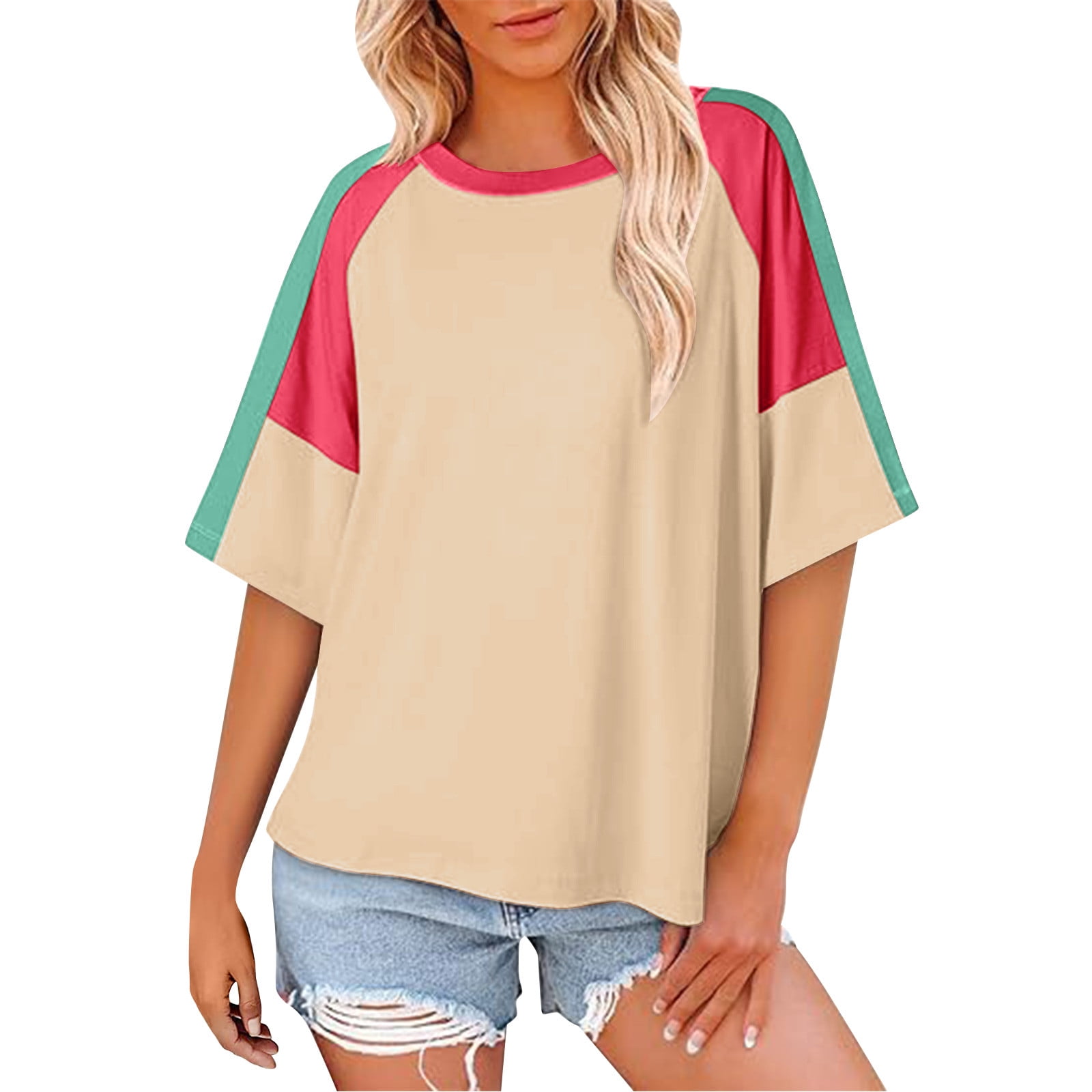 Dolkfu Women Shirts Clearance Plus Size Short Sleeve Beige Color Block ...