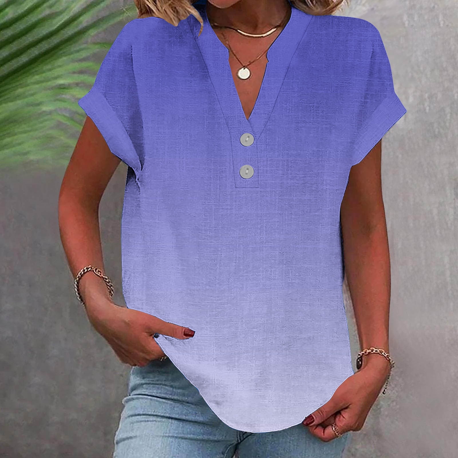 Dolkfu Women Shirts V Neck Purple Short Sleeve Henley Lounge Gradient ...
