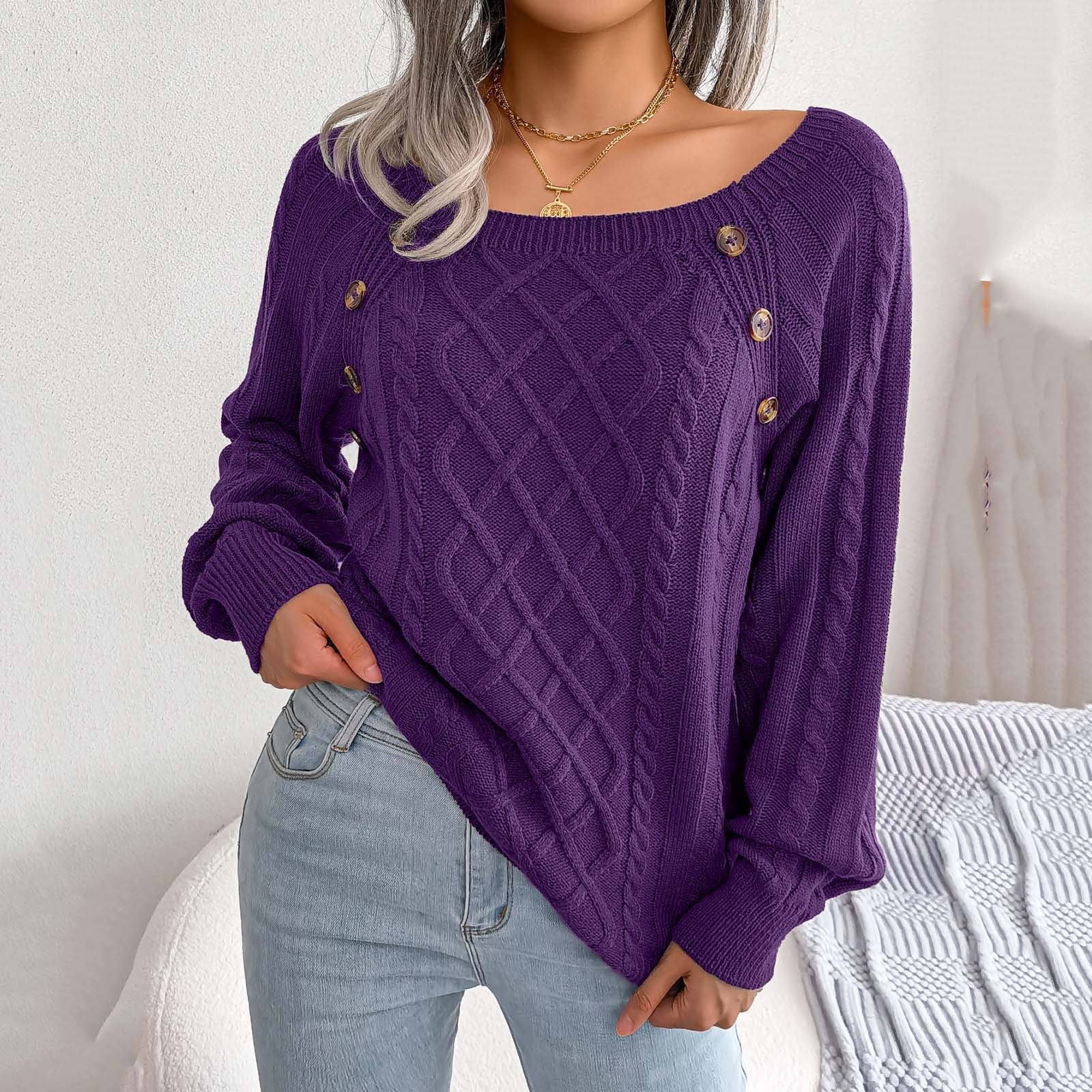 Dolkfu Women Sweaters 2025 Pullover Cable Knit Purple Boat Neck Long ...