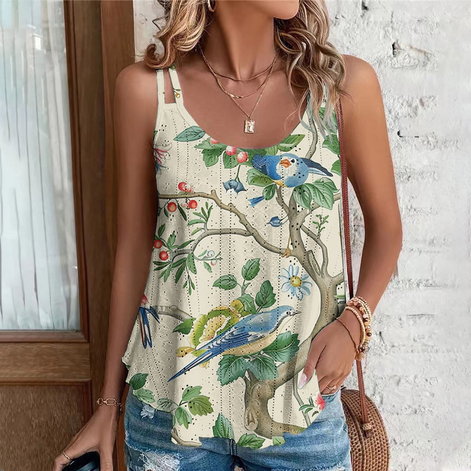 Dolkfu Women Tank Tops Spaghetti Strap Flowy Graphic Eyelet Embroidery ...