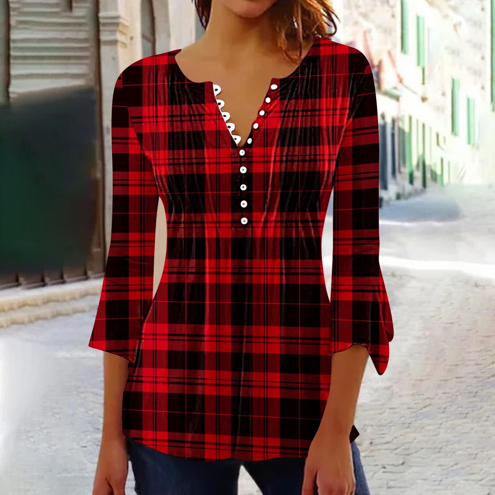 Dolkfu Women Tee Shirts Red 3/4 Sleeve V Neck Soft Classic Fit Plaid ...