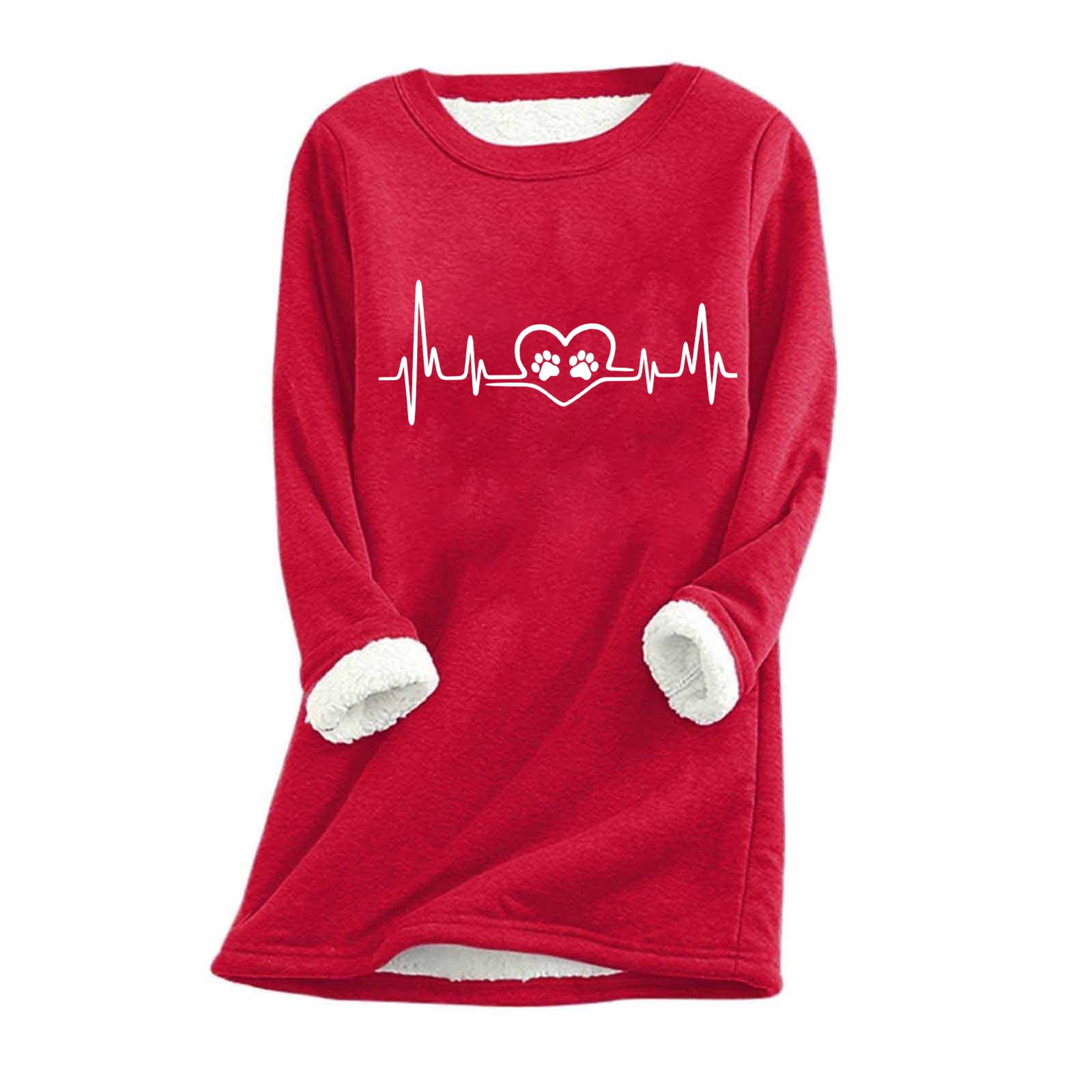 Dolkfu Women Tshirt Crew Neck Long Sleeve Red Loose Fit Sherpa Fleece ...