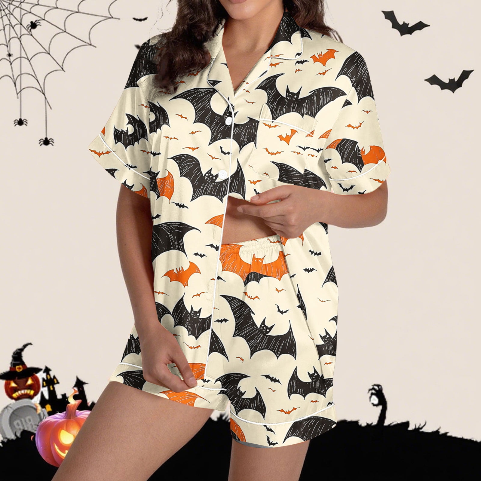 Dolkfu Women's Pj Sets Helloween Short Sleeve Stretch Graphic Button up ...