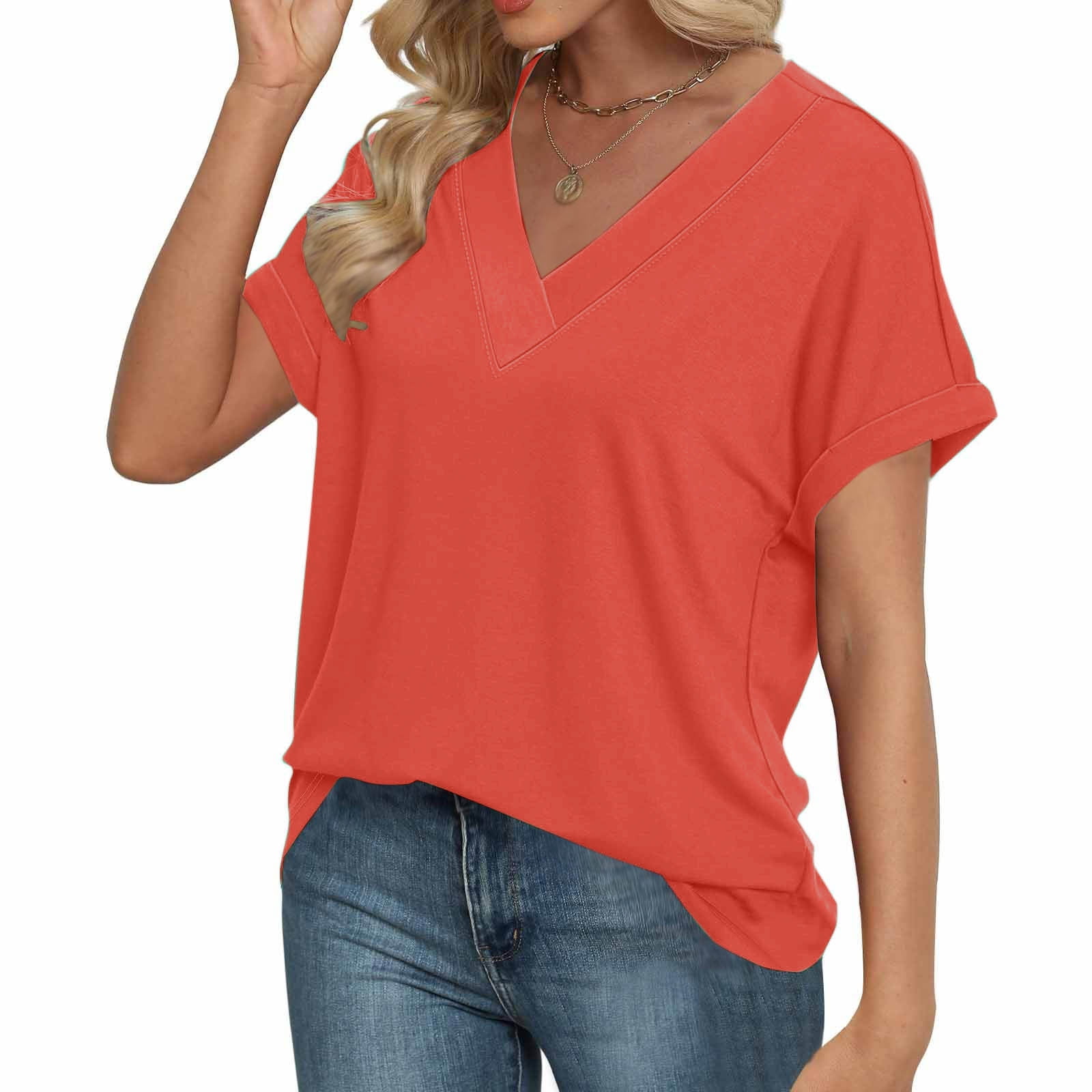 Dolkfu Women's Shirts Tops under 5.00 Red V Neck Short Sleeve Solid ...
