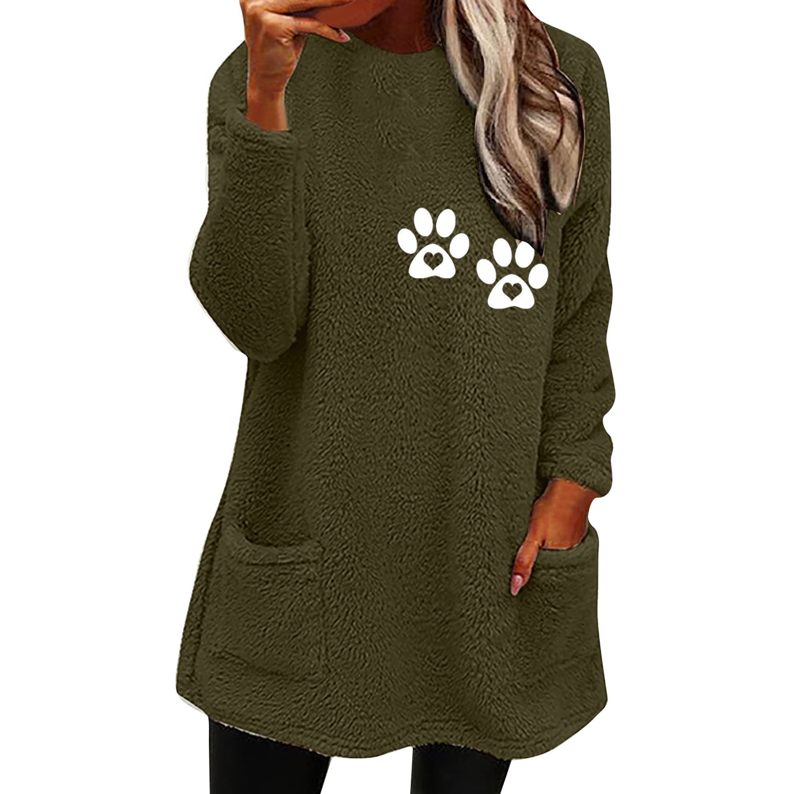 Dolkfu Women's Tunic Tops Crew Neck Long Sleeve Green Sherpa Fleece Paw ...
