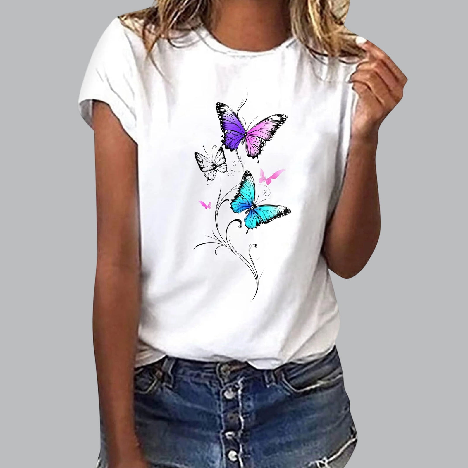 Dolkfu Womens Summer Tops Short Sleeve Crew Neck White Tops Butterfly ...