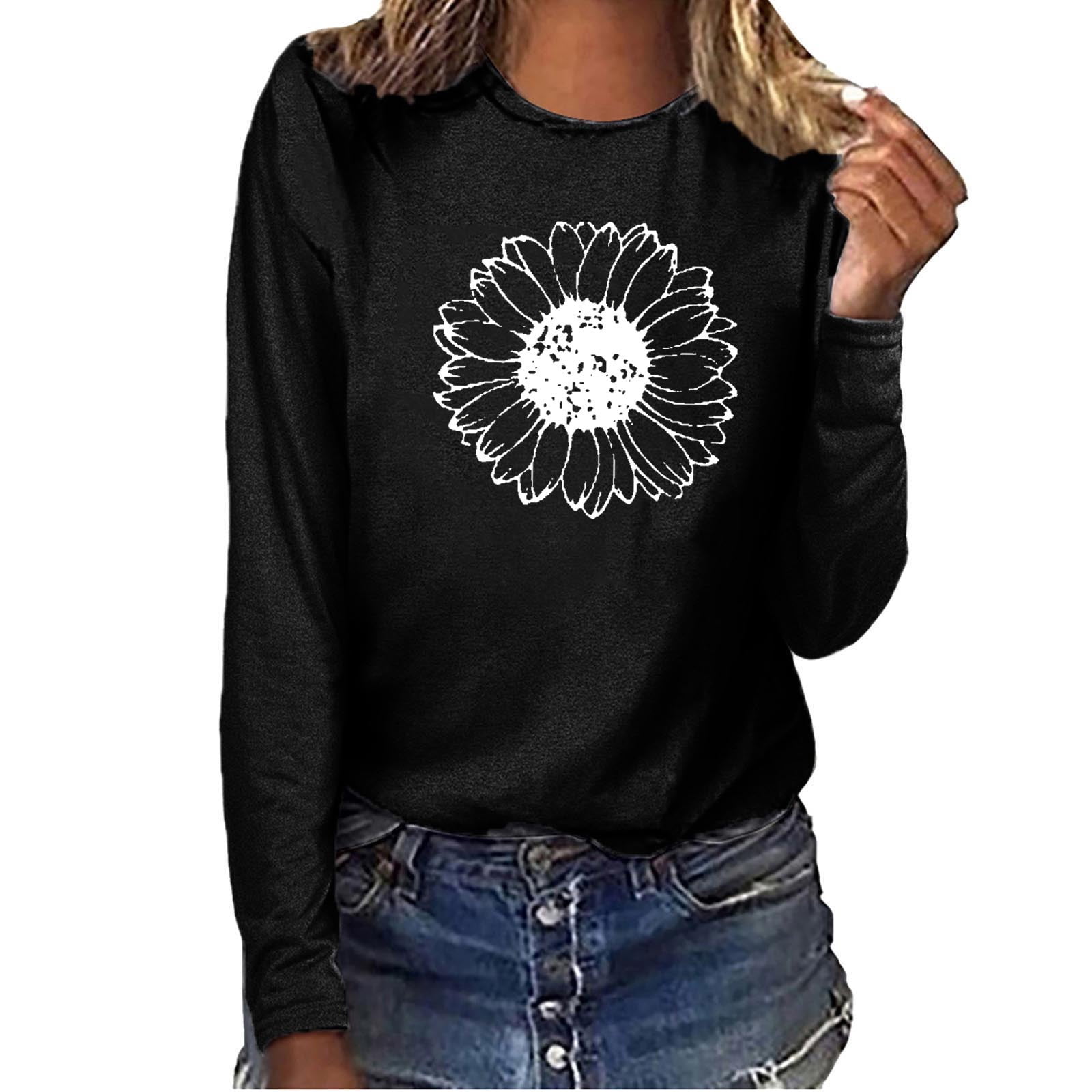 Dolkfu Womens Tshirts Black Long Sleeve Crew Neck Lightweight Graphic ...